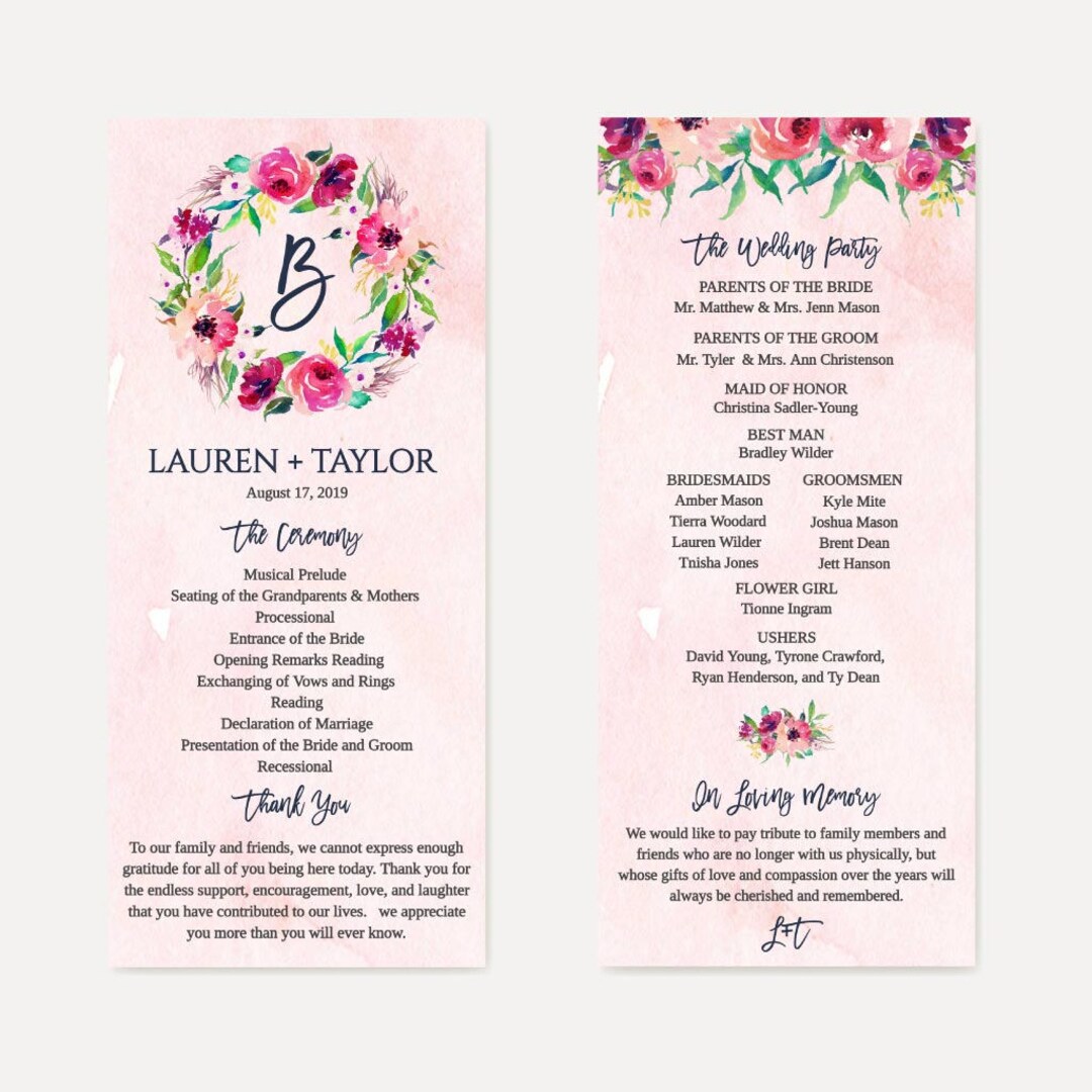 Pink Watercolor Floral Printable Wedding Ceremony Program Template ...