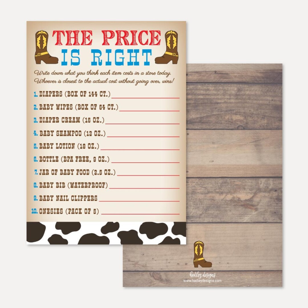 Cowboy Baby Shower the Price is Right Game Template - Baby Shower the ...