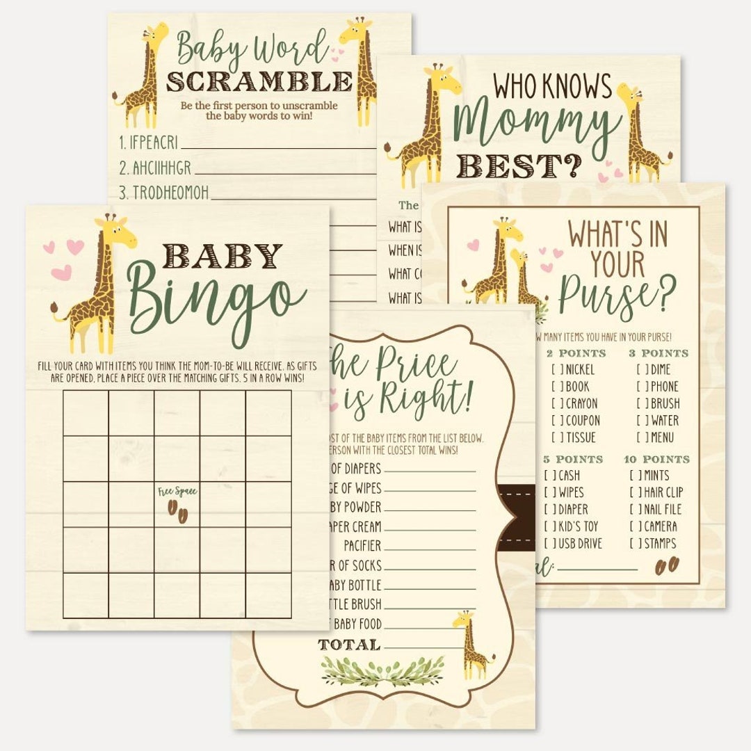 Giraffe Baby Shower Game Set Templates -bingo, Word Scramble, the Price ...