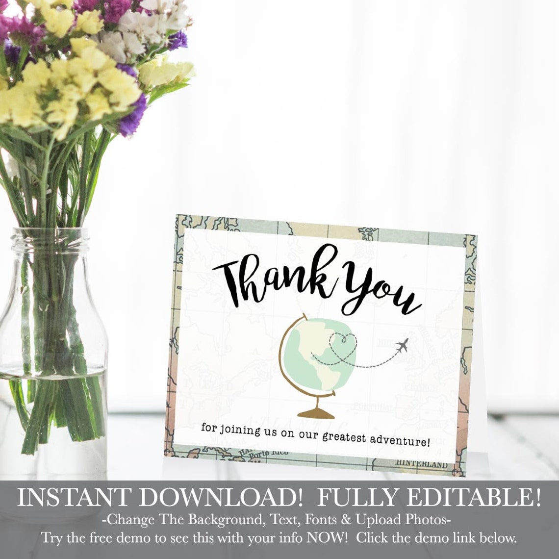 Map Globe Travel Thank You Card Printable, Thank You Cards Baby Shower ...