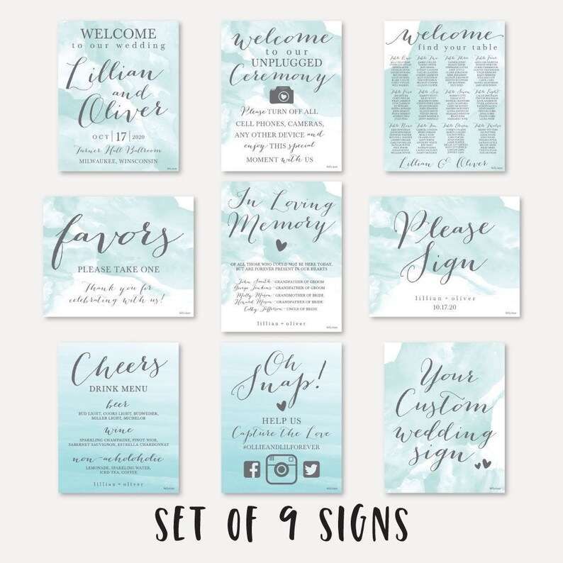 Teal Watercolor Splash Wedding Signs Set Seating Chart - Etsy