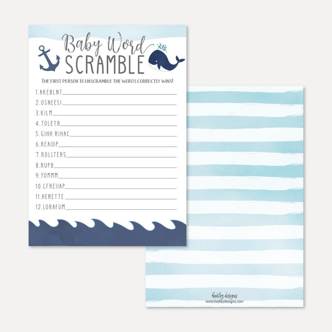 Whale Nautical Baby Shower Word Scramble Game Template - Word Scramble ...
