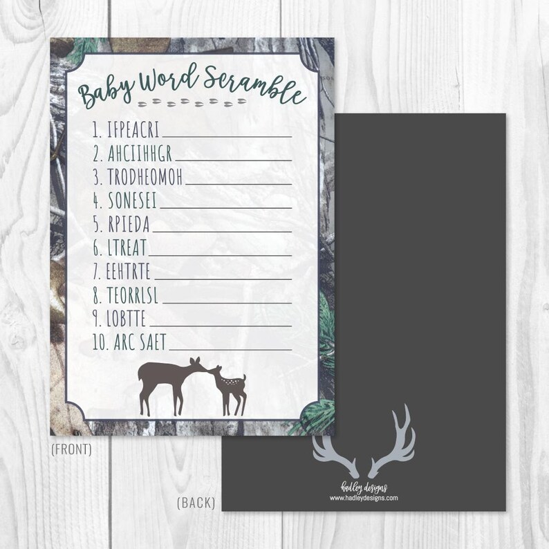 Camo Baby Shower Word Scramble Game Template - Word Scramble Baby ...