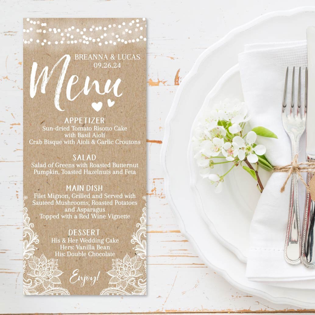 Kraft Lace Rustic Wedding Menu Template Party Menu Template - Etsy