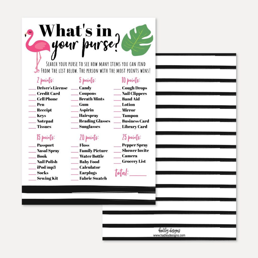 Flamingo Baby Shower What's in Your Purse? Game Template - Baby Shower ...
