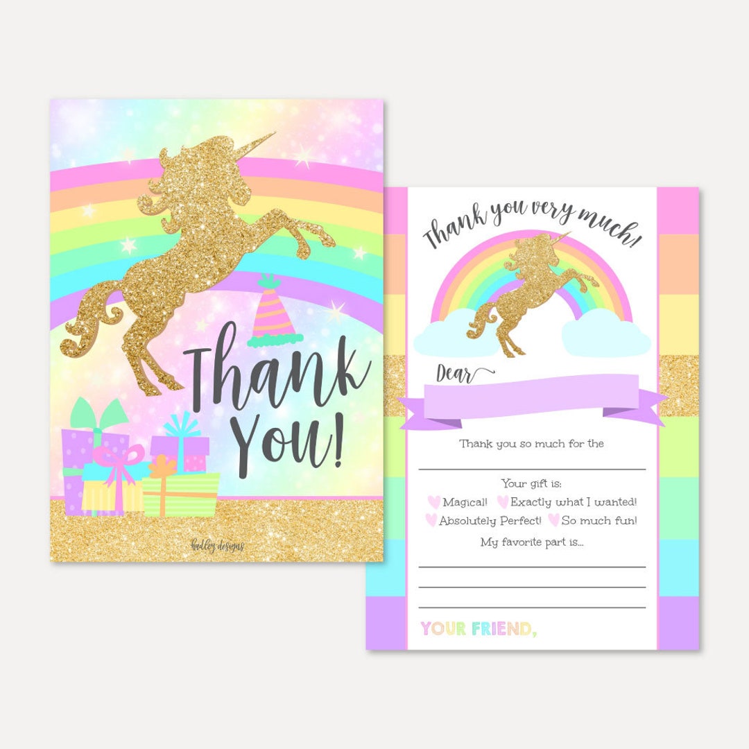 Gold Glitter Unicorn Kids Party Fill in the Blank Thank You Card ...