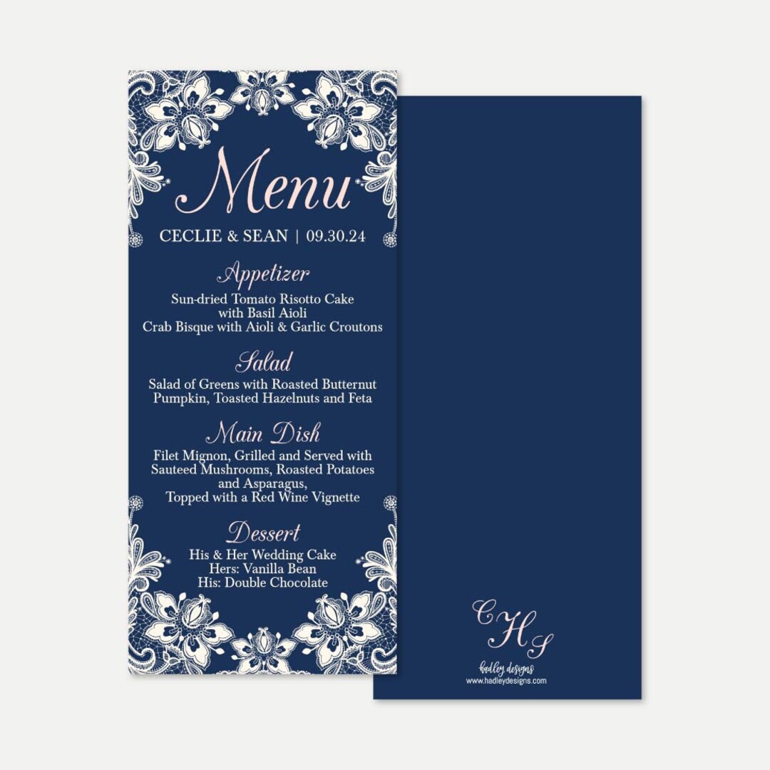 Elegant Navy and Blush Lace Wedding Menu Template Party Menu Template ...