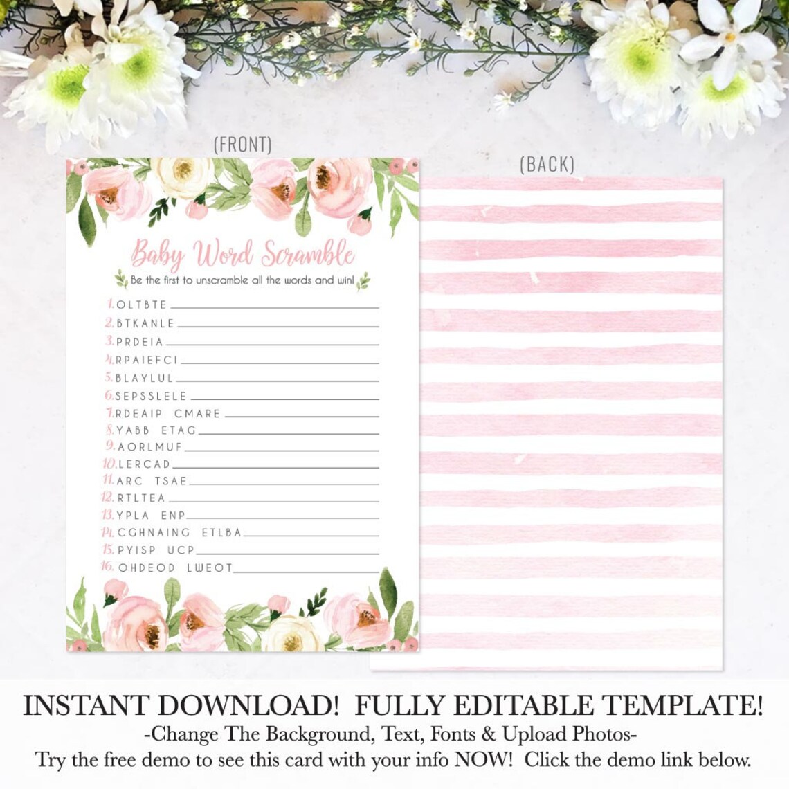 Pink Watercolor Floral Wreath Shower Games, Boho Baby Shower Games ...