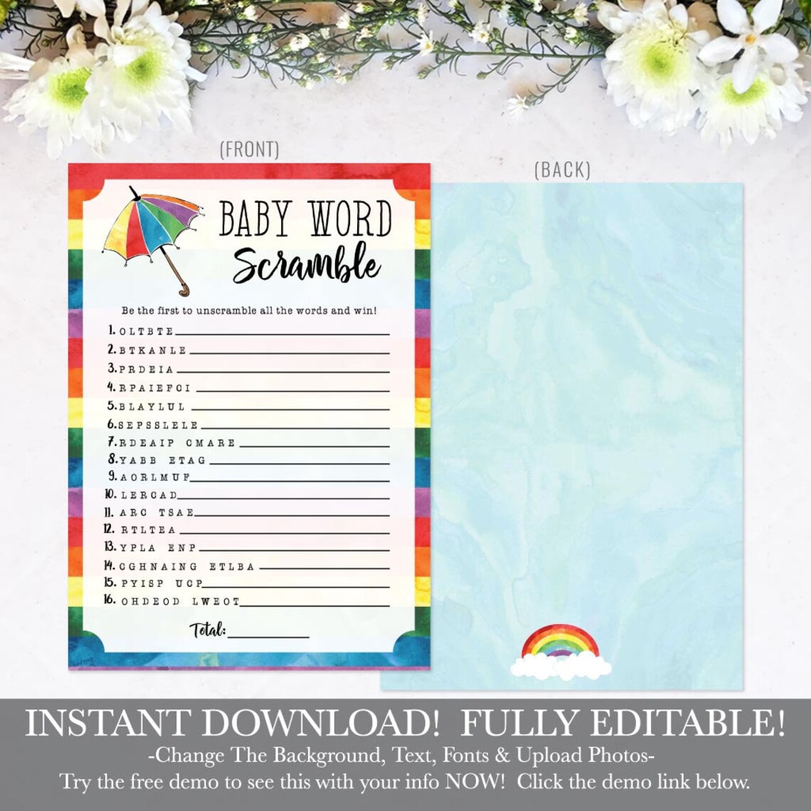 Rainbow Watercolor Word Scramble Games, Word Scramble Baby Shower Game ...