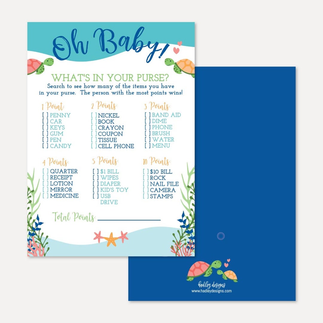 Sea Turtle Baby Shower What's in Your Purse? Game Template - Baby ...