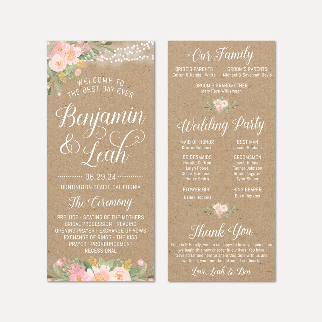 Floral Kraft Lace Rustic Wedding Program Template - Programs Designs ...