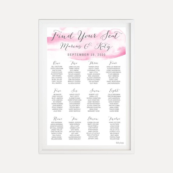 Pink Watercolor Splash Wedding Seating Chart Sign Template | Etsy