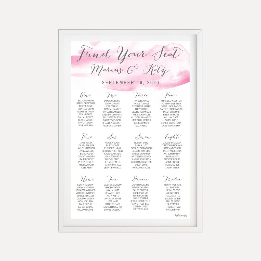 Pink Watercolor Splash Wedding Seating Chart Sign Template - Template ...