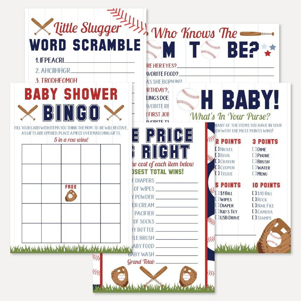 Baseball Baby Shower Game Set Template - Bingo, Emoji, Word Scramble ...