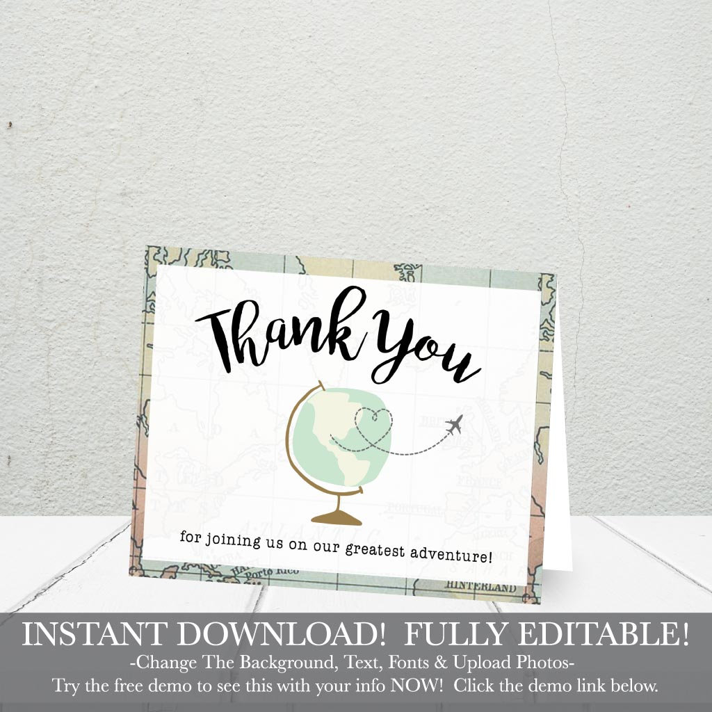 Map Globe Travel Thank You Card Printable, Thank You Cards Baby Shower ...