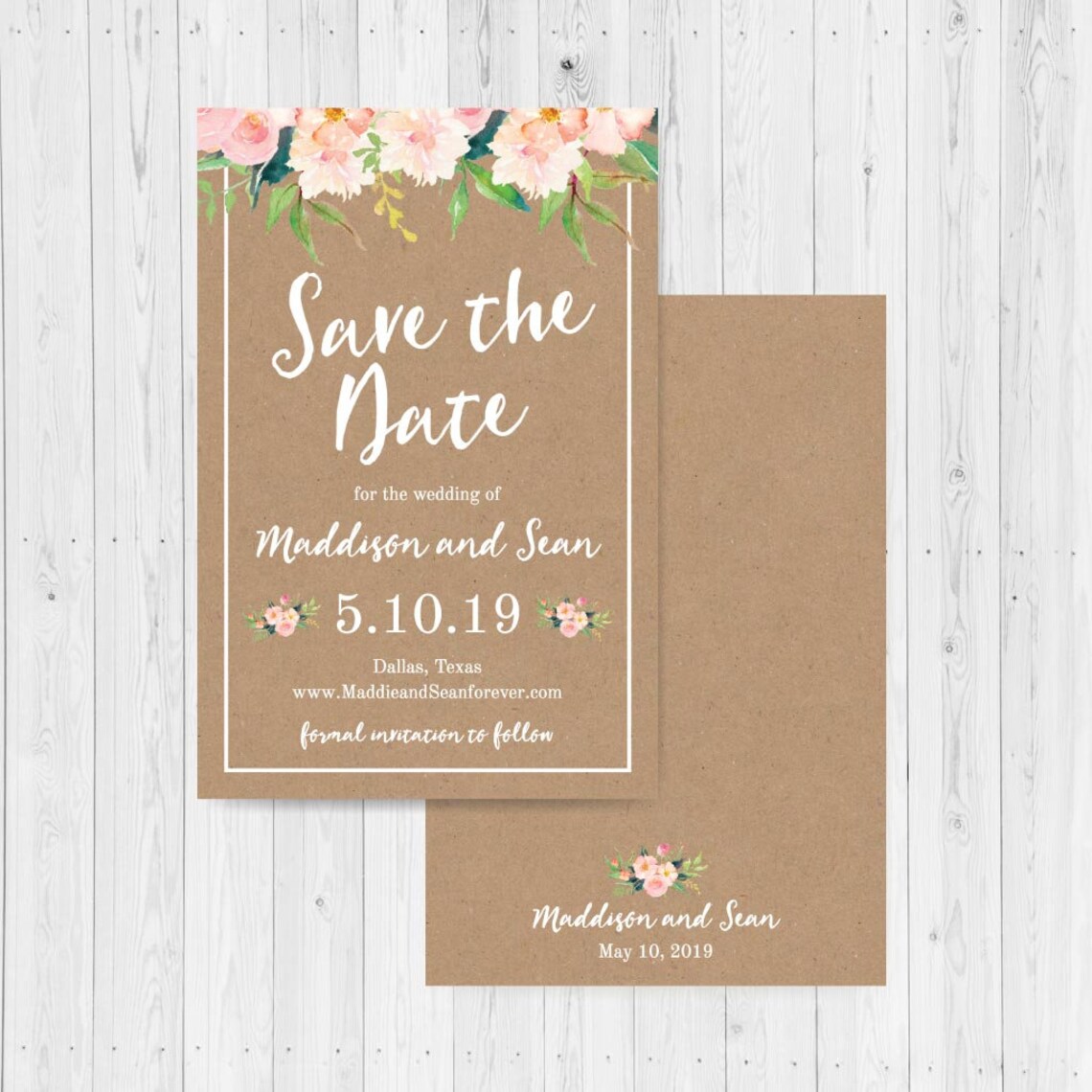 Kraft Floral Rustic Save the Date Cards Template Save the - Etsy