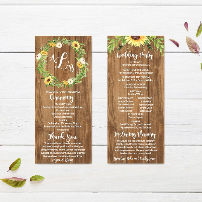 Medium Wood Sunflower Wedding Program Wedding Programs | Etsy