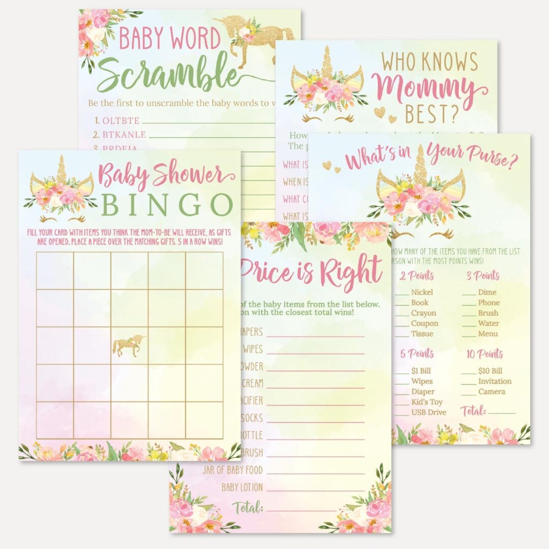 Gold Glitter Unicorn Baby Shower Game Set Templates - Bingo, Word ...