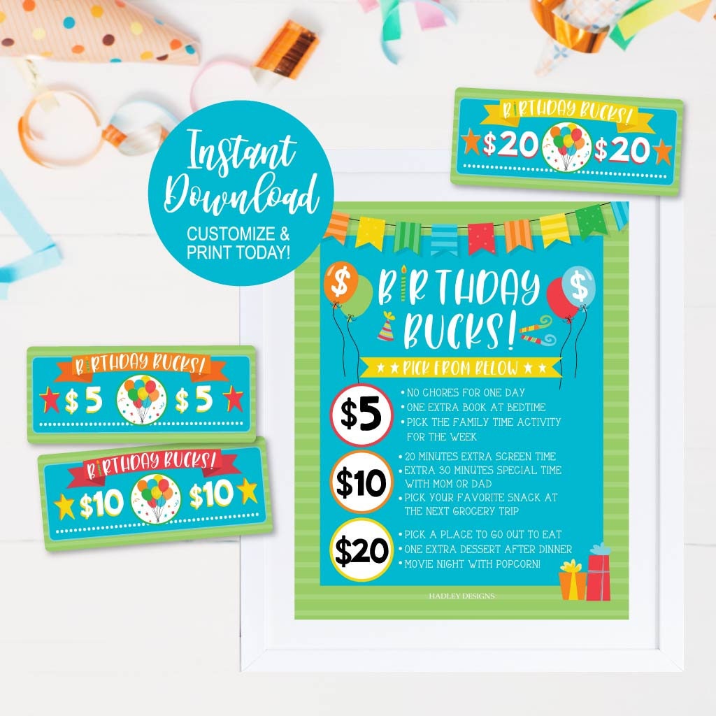 Birthday Bucks Printable, Editable Kids Money Bill and Personalized ...