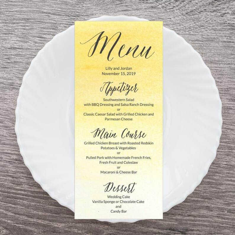 Yellow Watercolor Ombre Wedding Party Menu Template 4x9 - Etsy