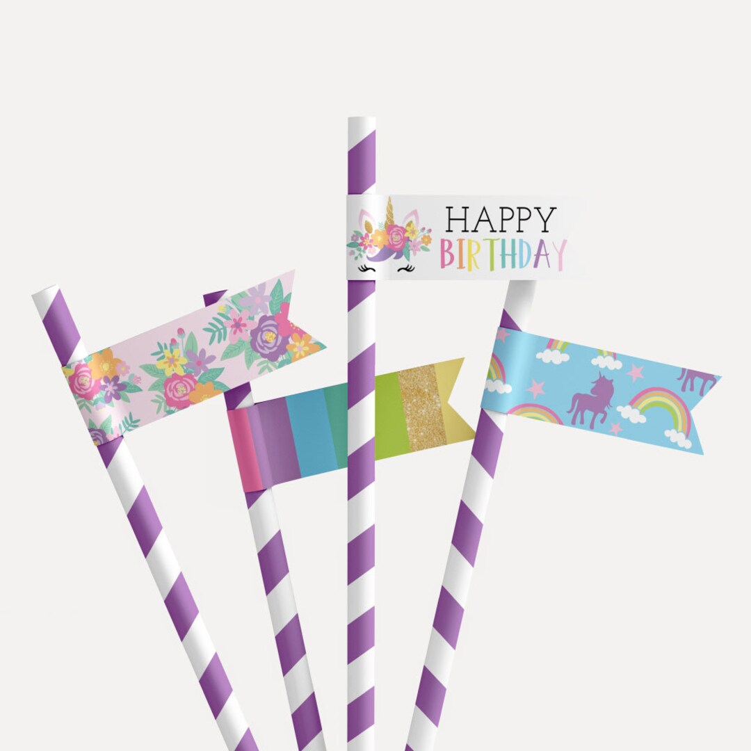 Floral Unicorn Kids Party Straw Flags Template - Printable Straw Flag ...