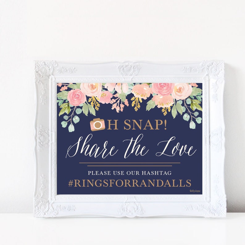 Navy and Blush Elegant Floral Wedding Hashtag Sign Template | Etsy
