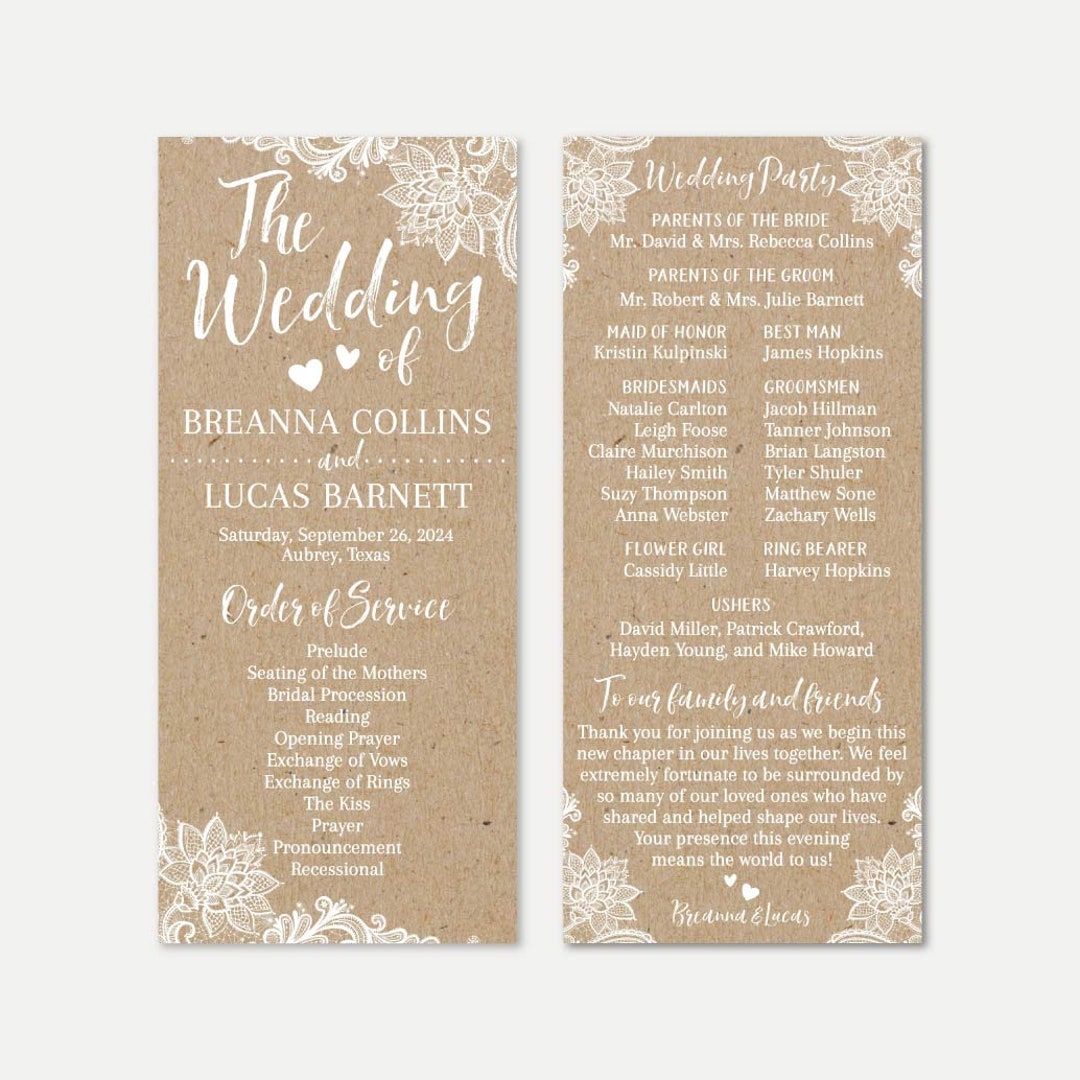 Kraft Lace Rustic Wedding Program Template - Programs Designs, Wedding ...