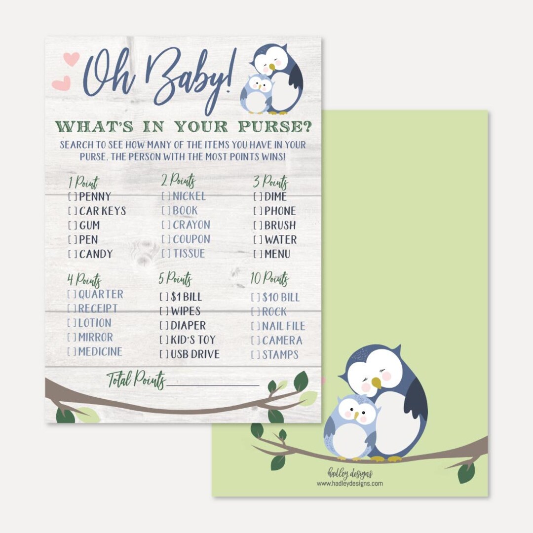 Owl Boy Baby Shower What's in Your Purse Game Template Whats in Your ...