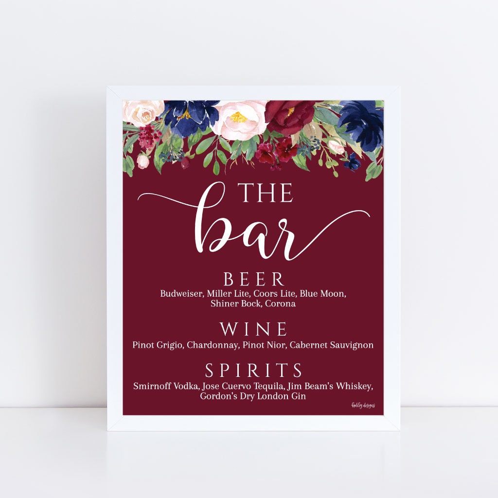 Elegant Navy and Burgundy Wedding Bar Menu Sign Template - Printable ...