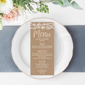 Tree Lights Kraft Rustic Wedding Menu Template - Party Menu Template ...