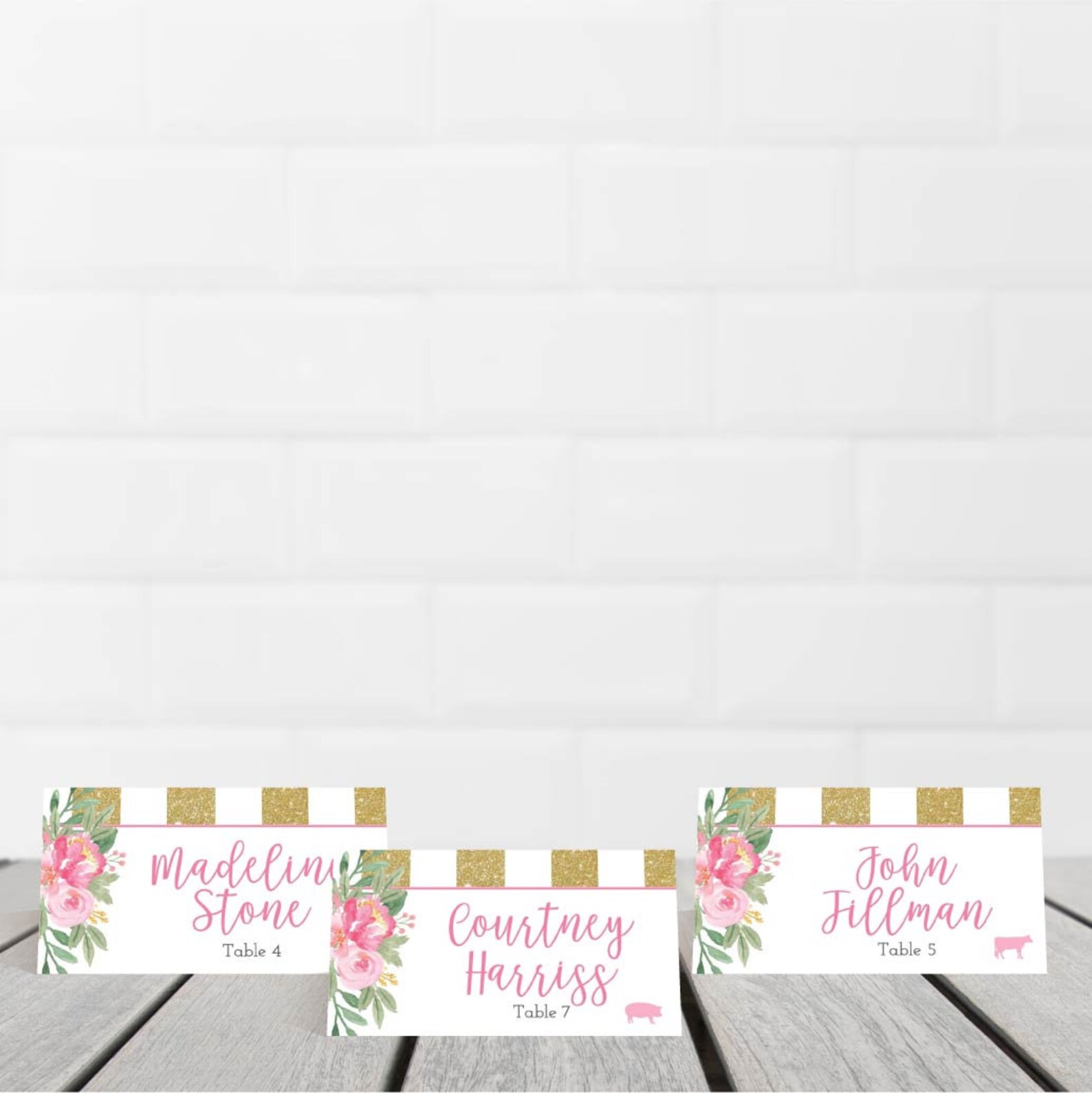 Gold Glitter Striped Blush Floral Wedding Place Cards Template Etsy