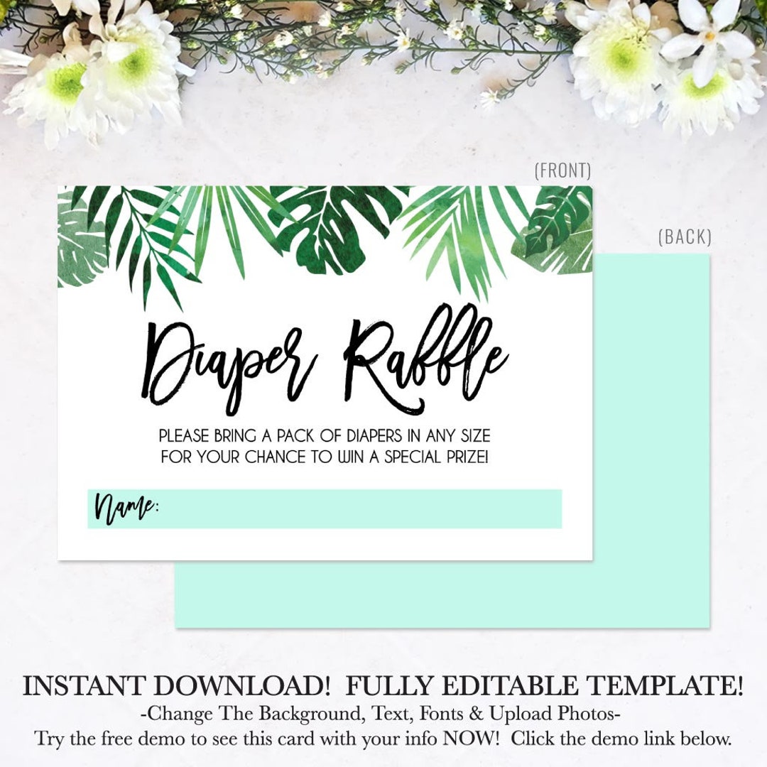 Tropical Baby Shower Teal Diaper Raffle Cards, Diaper Raffle Download ...