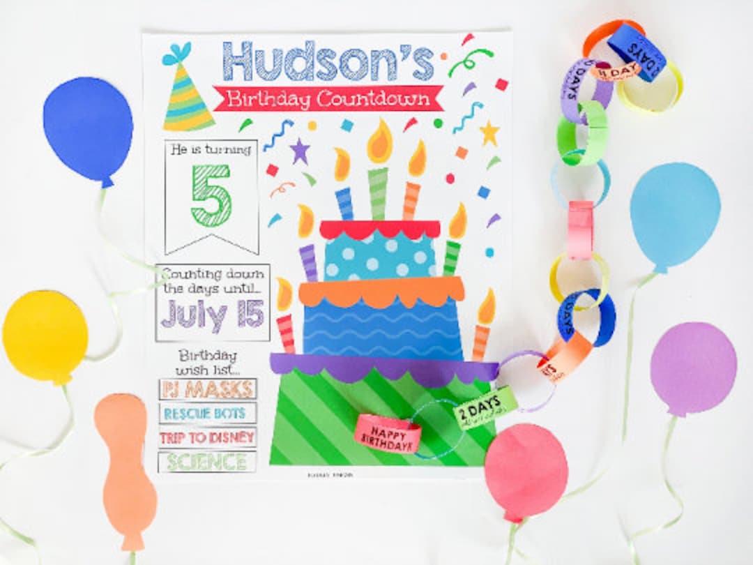 Birthday Countdown Sign and Paper Chain Printable, Kids Happy Birthday ...
