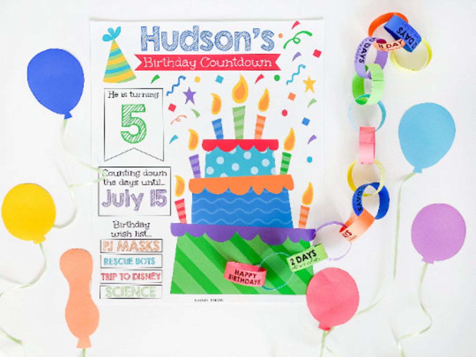 Birthday Countdown Sign and Paper Chain Printable, Kids Happy Birthday ...