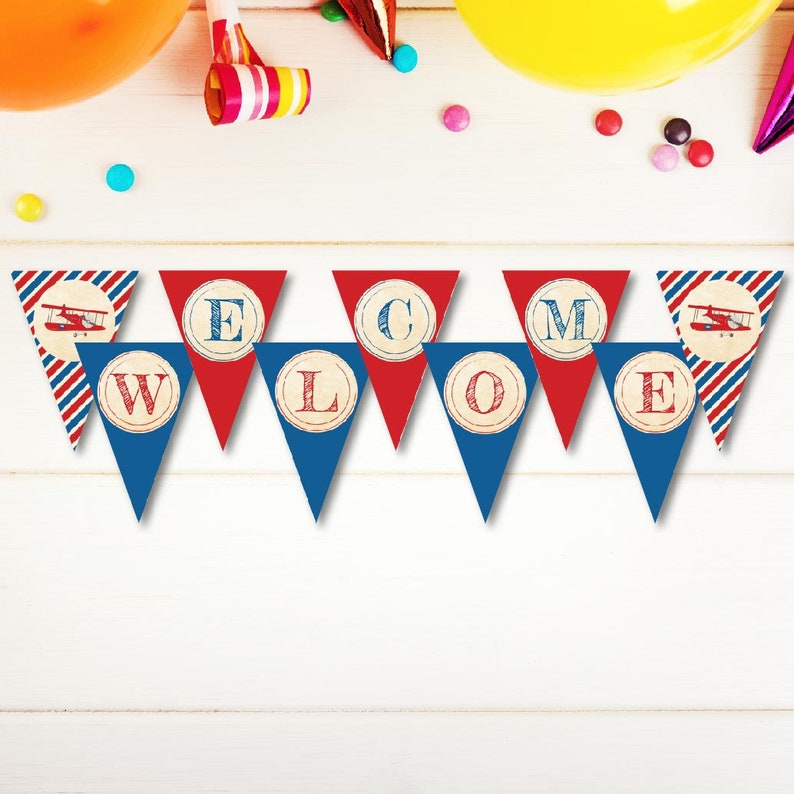 Airplane Red Blue Printable Banner Template, Baby Shower Banner ...