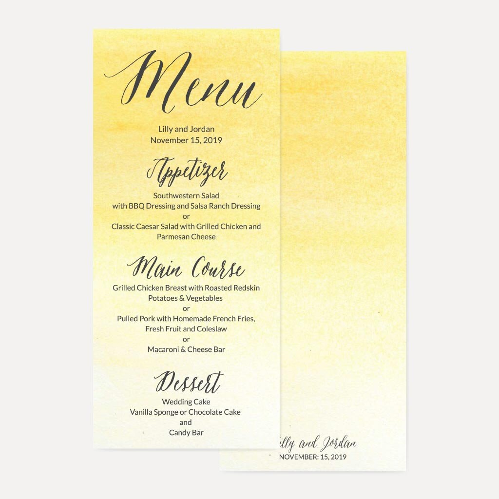 Yellow Watercolor Ombre Wedding Party Menu Template, 4x9 Editable ...
