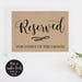 Printable Reserved Sign for Wedding, Rustic Ceremony Seating Table Card ...