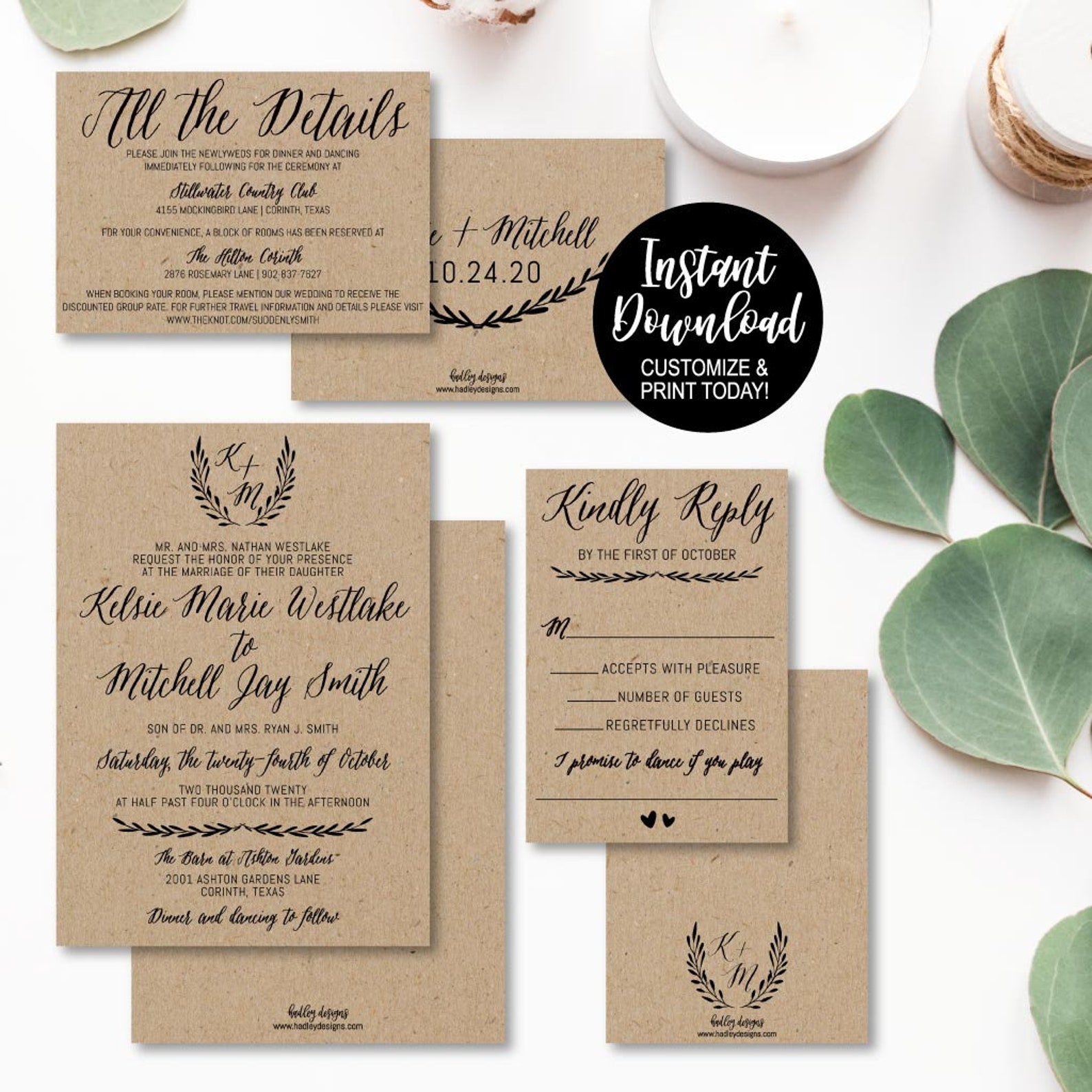 Simple Wedding Invite Templates Wedding Invitation Suites | Etsy