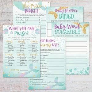 Mermaid Baby Shower Game Set Templates - Bingo, Word Scramble, the ...