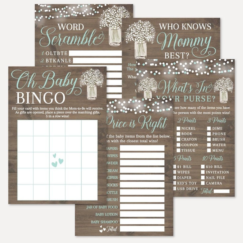 Wood Rustic Floral Boy Baby Shower Game Set Templates bingo - Etsy
