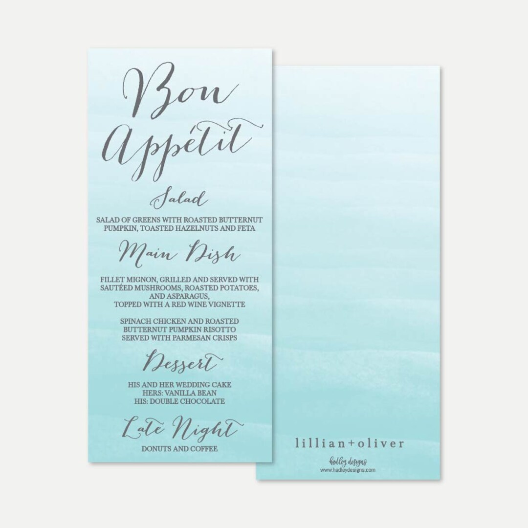 Teal Watercolor Splash Wedding Menu Template - Party Menu Template, 4x9 ...