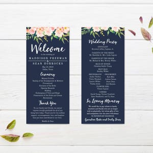 Navy Blue and Blush Floral Printable Wedding Ceremony Program Template ...