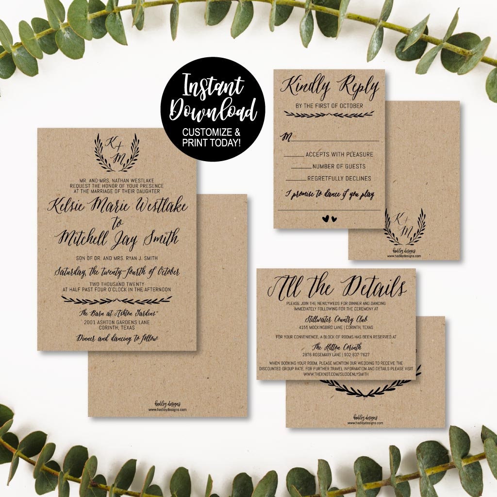 Simple Wedding Invite Templates Wedding Invitation Suites | Etsy