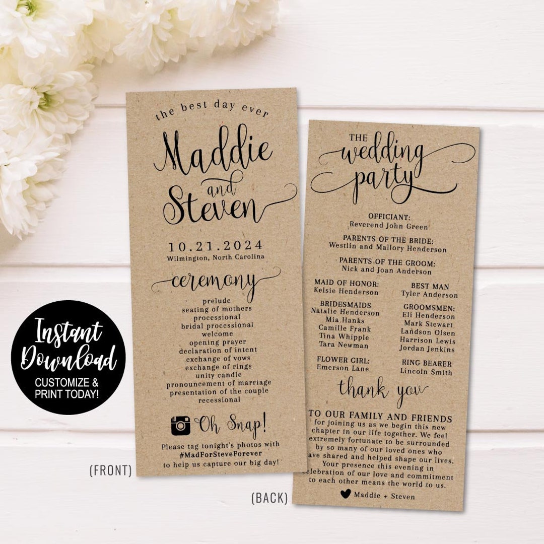 Wedding Ceremony Program Funny Printable Wedding Programs - Etsy