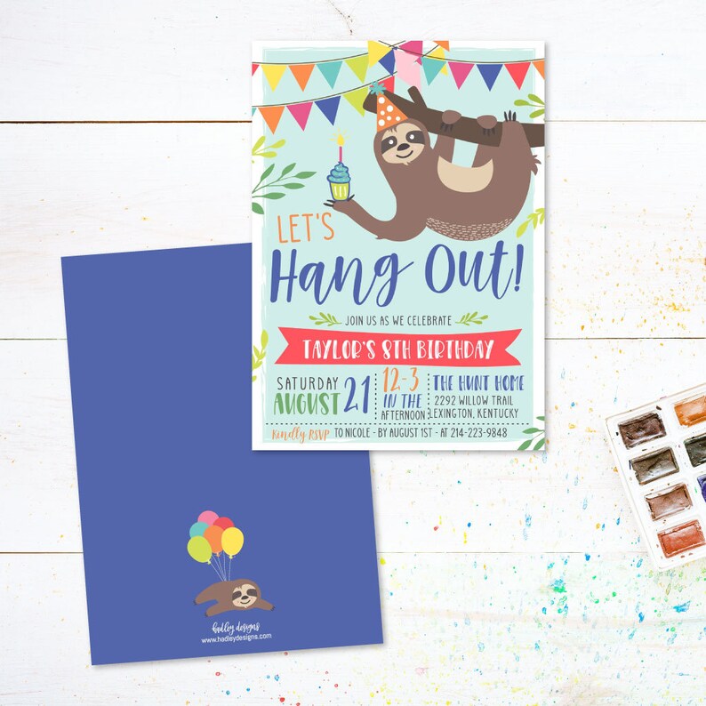 Sloth Kids Party Invitation Template Kids Birthday Invites - Etsy