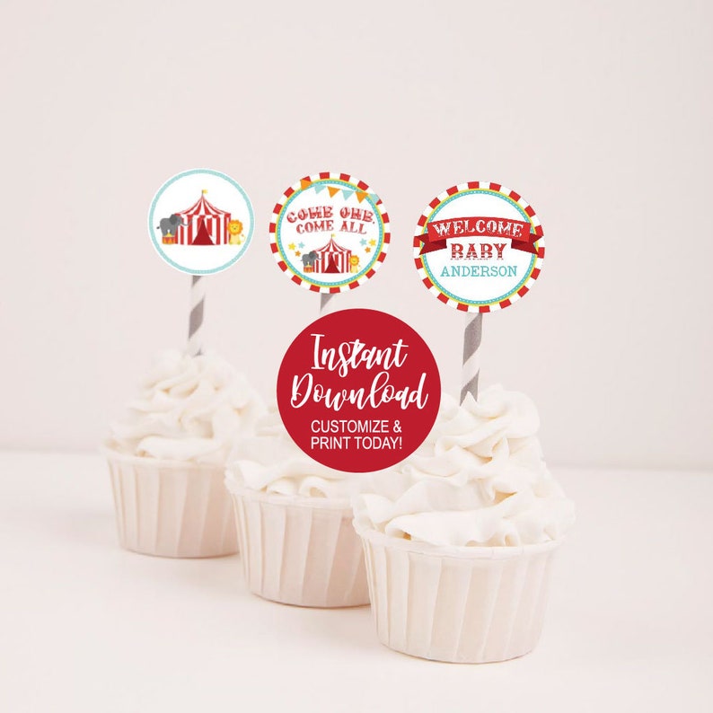 Circus Red Blue Yellow Cupcake Toppers, Baby Shower Cupcake Decorations ...