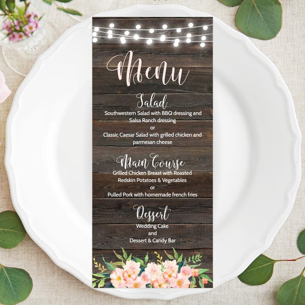 Dark Wood Floral Wedding Party Menu Template 4x9 Editable | Etsy