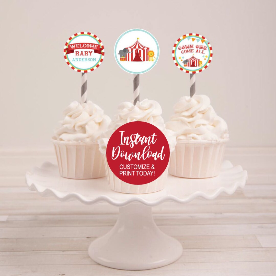 Circus Red Blue Yellow Cupcake Toppers, Baby Shower Cupcake Decorations ...