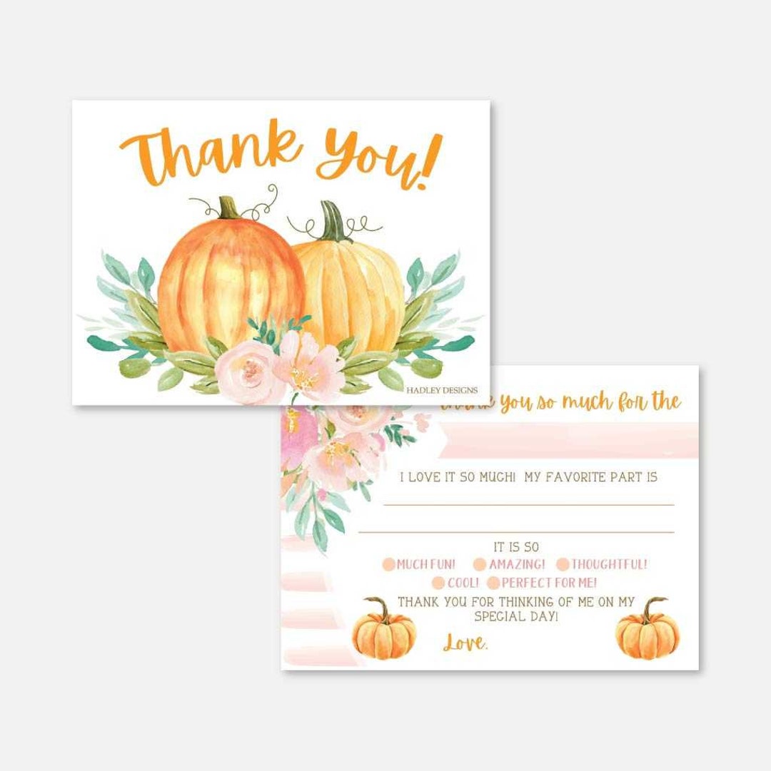 Fall Pumpkin Kids Party Fill in the Blank Thank You Card Template ...