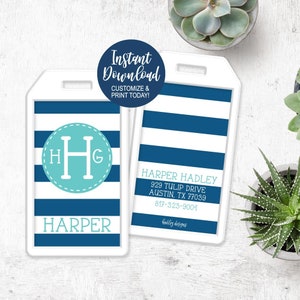 Navy Luggage Tag Template, Blue Stripes Suitcase Tags Insert PDF ...